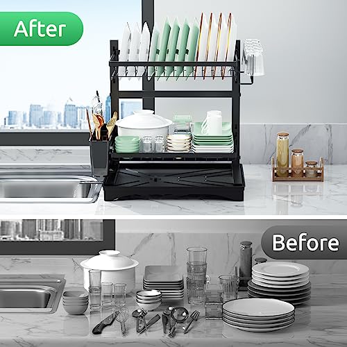 KOOTETA Dish Drying Rack, 2-Tier Dish Rack for Kitchen Counter, Space Saving Kitchen Drying Rack, Dish Dryer Rack with Drainboard, Utensil Holder and Cup Holders, Black