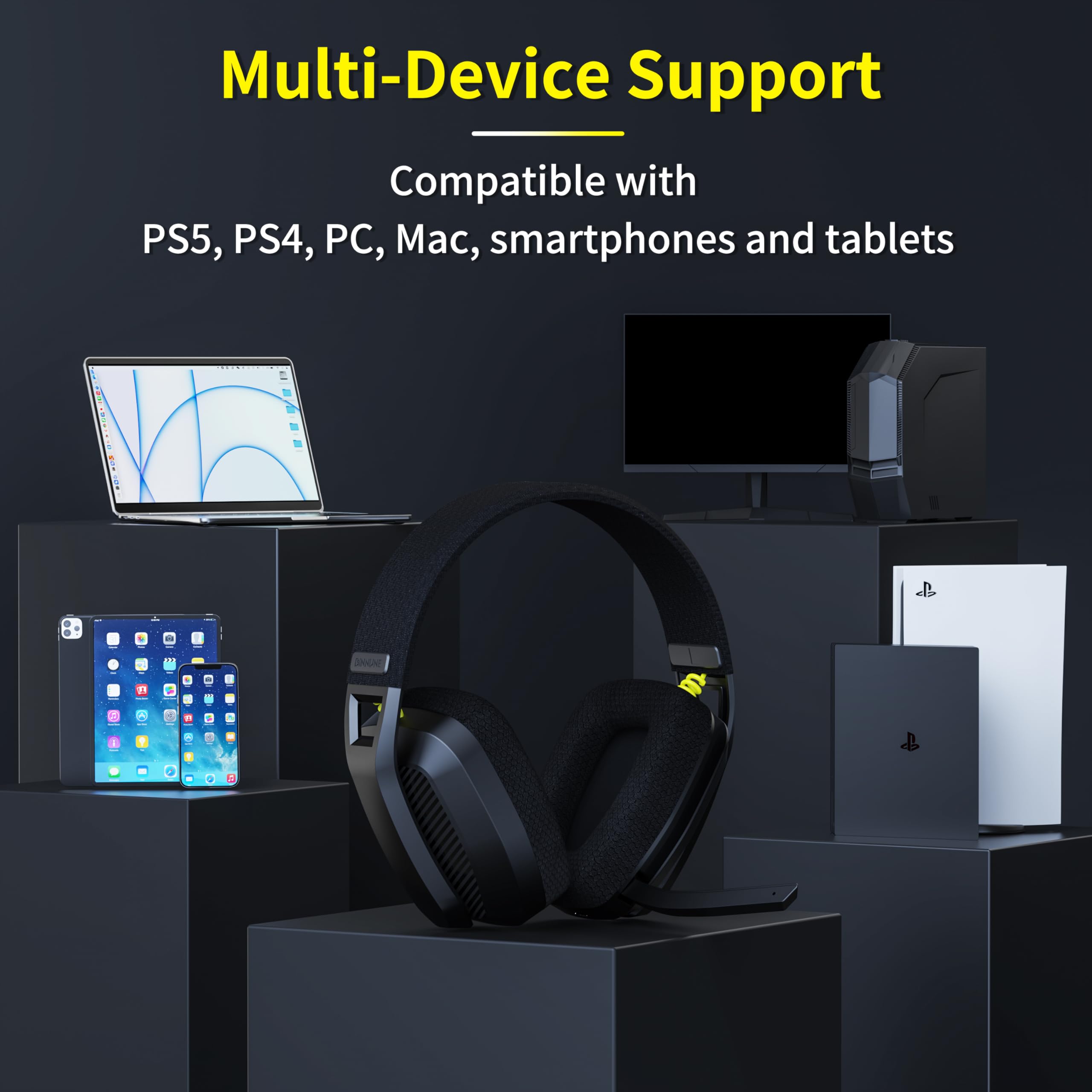 BINNUNE Wireless Gaming Headset with Flip Microphone for PC, PS4, PS5, Playstation 4 5,2.4GHz Wireless Bluetooth USB Gamer Headphones with ENC Mic for Laptop Computer,48H