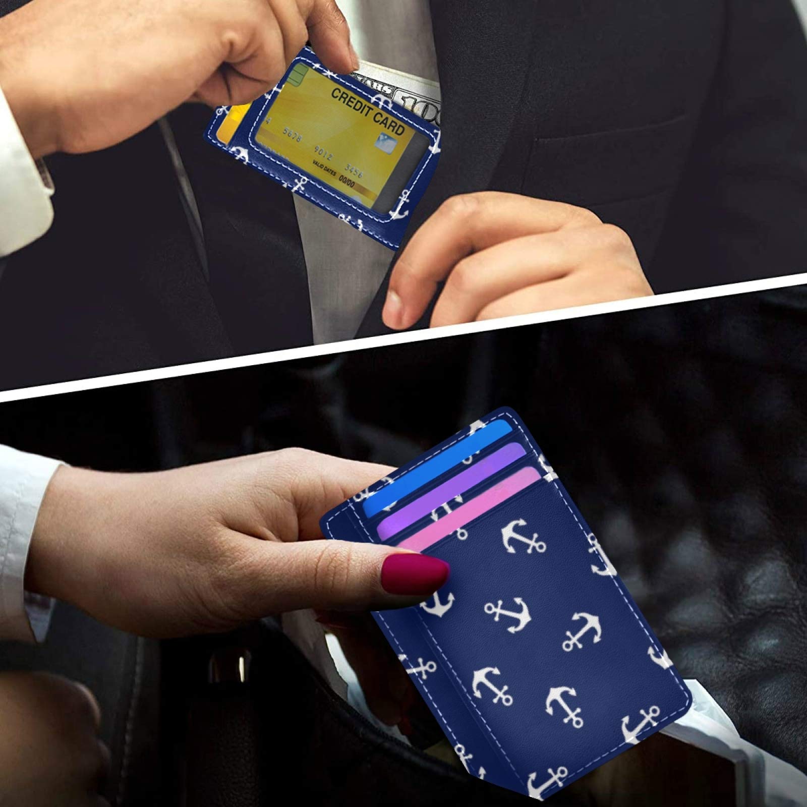Linomo Thin leather Card Holder and Money Clip Nautical Anchor Pattern Wallet RFID Blocking for Men & Women