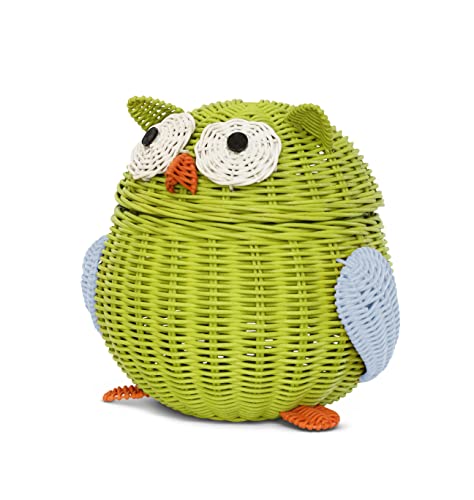 G6 COLLECTION Owl Rattan Storage Basket With Lid Decorative Bin Home Decor Hand Woven Shelf Organizer Cute Handmade Handcrafted Nursery Gift Animal Decoration Artwork Wicker Hoot Owl (Large, Green)