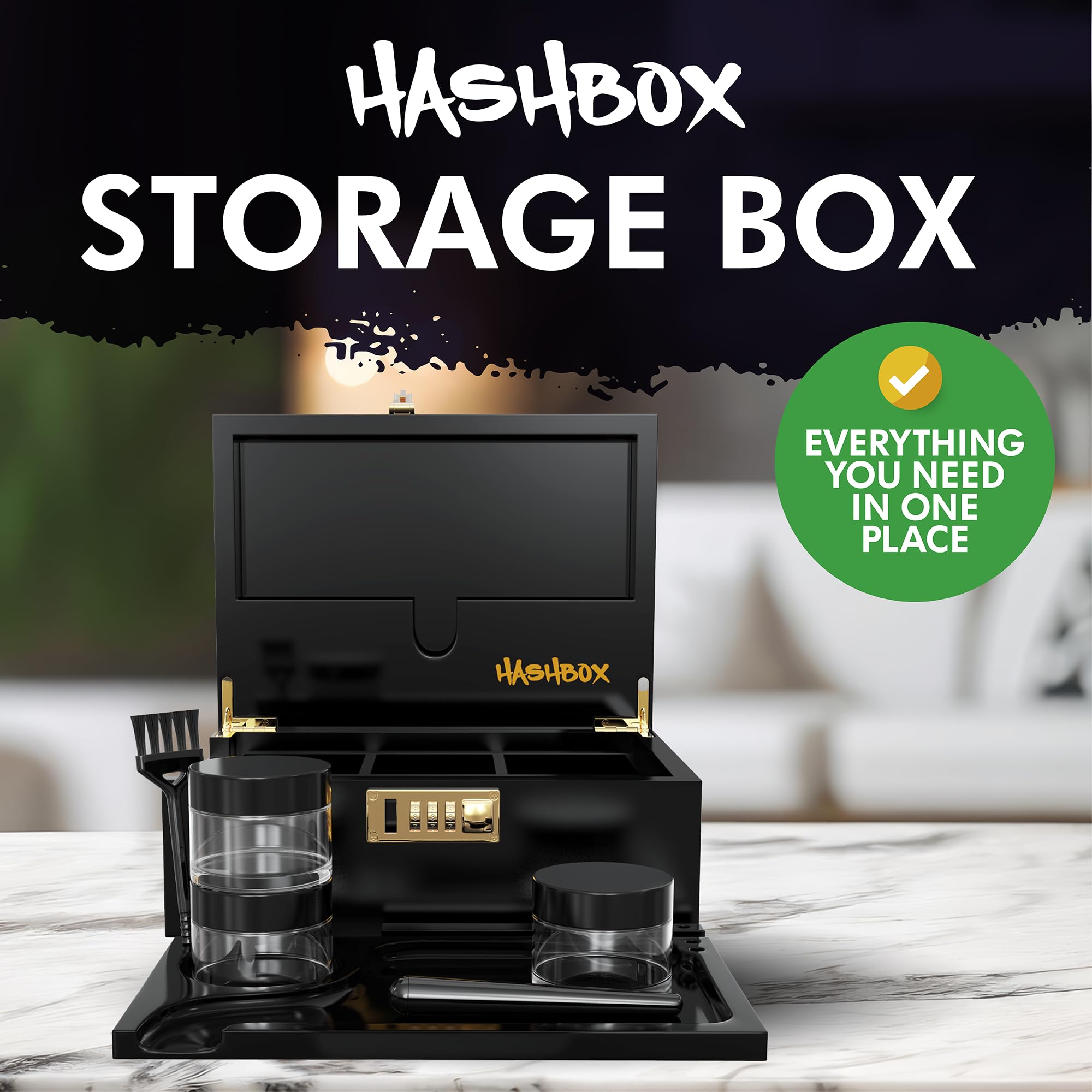 HASHBOX Storage Box - Large Bamboo Box with Rolling Tray and Combination Lock - Wooden Box for Herbs and Accessories