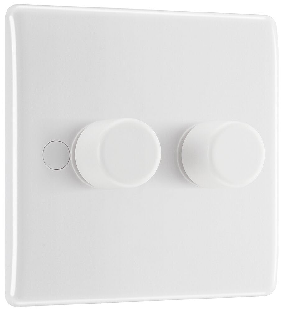 BG Electrical 882-01 Double Round Push Button Intelligent Dimmer Light Switch, White Moulded, Round Edge, 2-Way, 8.6 cm*4.5 cm*8.6 cm
