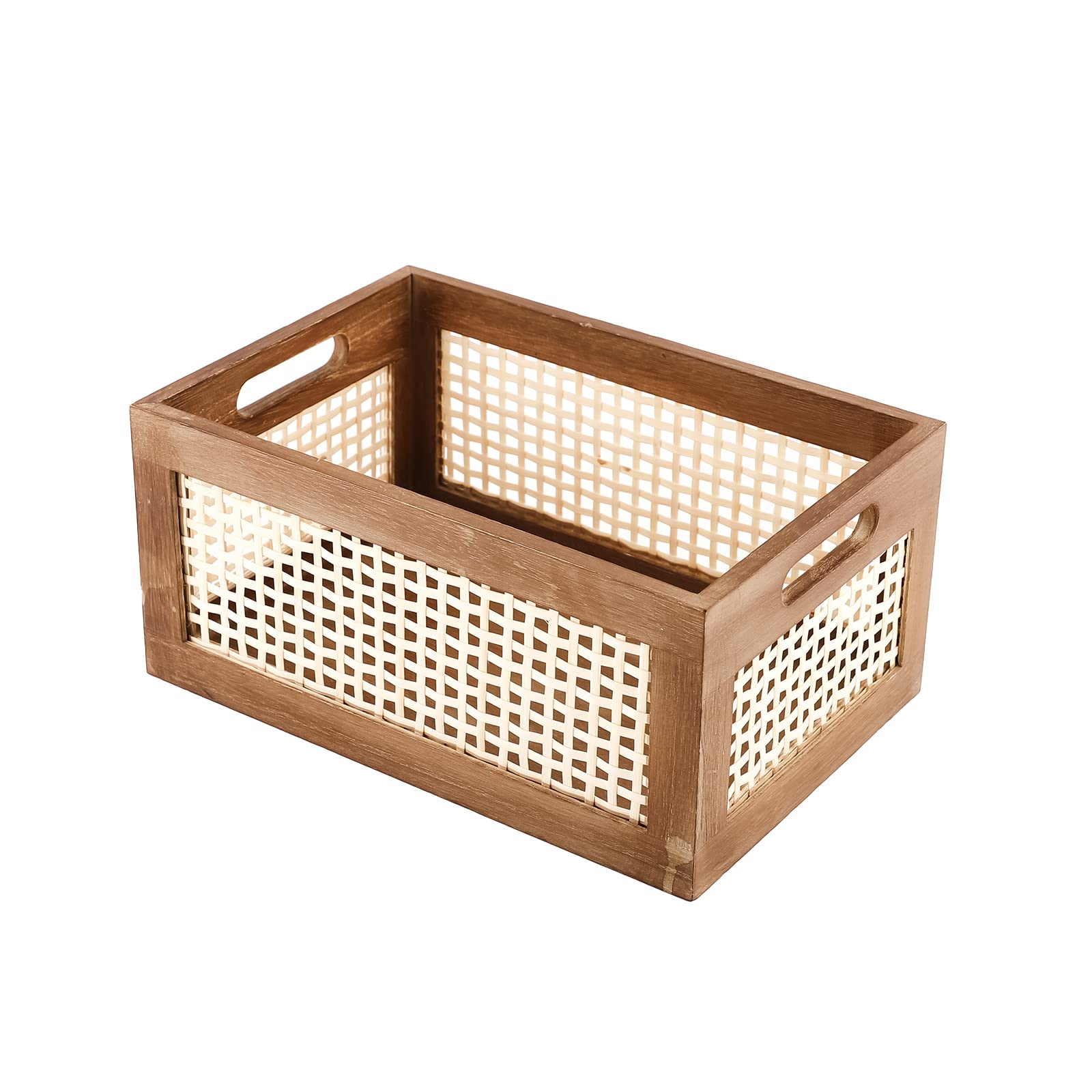 CINWEN Decorative Vintage Wooden Crate Storage Box, Rustic Pine Wood Organizer Bin Basket w/ Built-In Handles for Kitchen Pantry, Cupboard, Cabinet, Counter, Home Sort Collection - Natural Pine