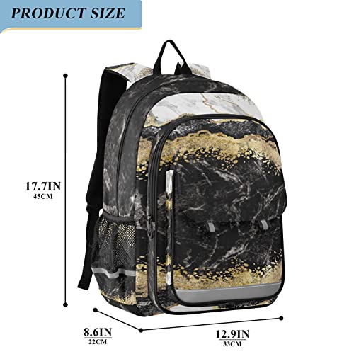 Glaphy Gold Black White Marble Backpack School Bag Lightweight Laptop Backpack Student Travel Daypack with Reflective Stripes