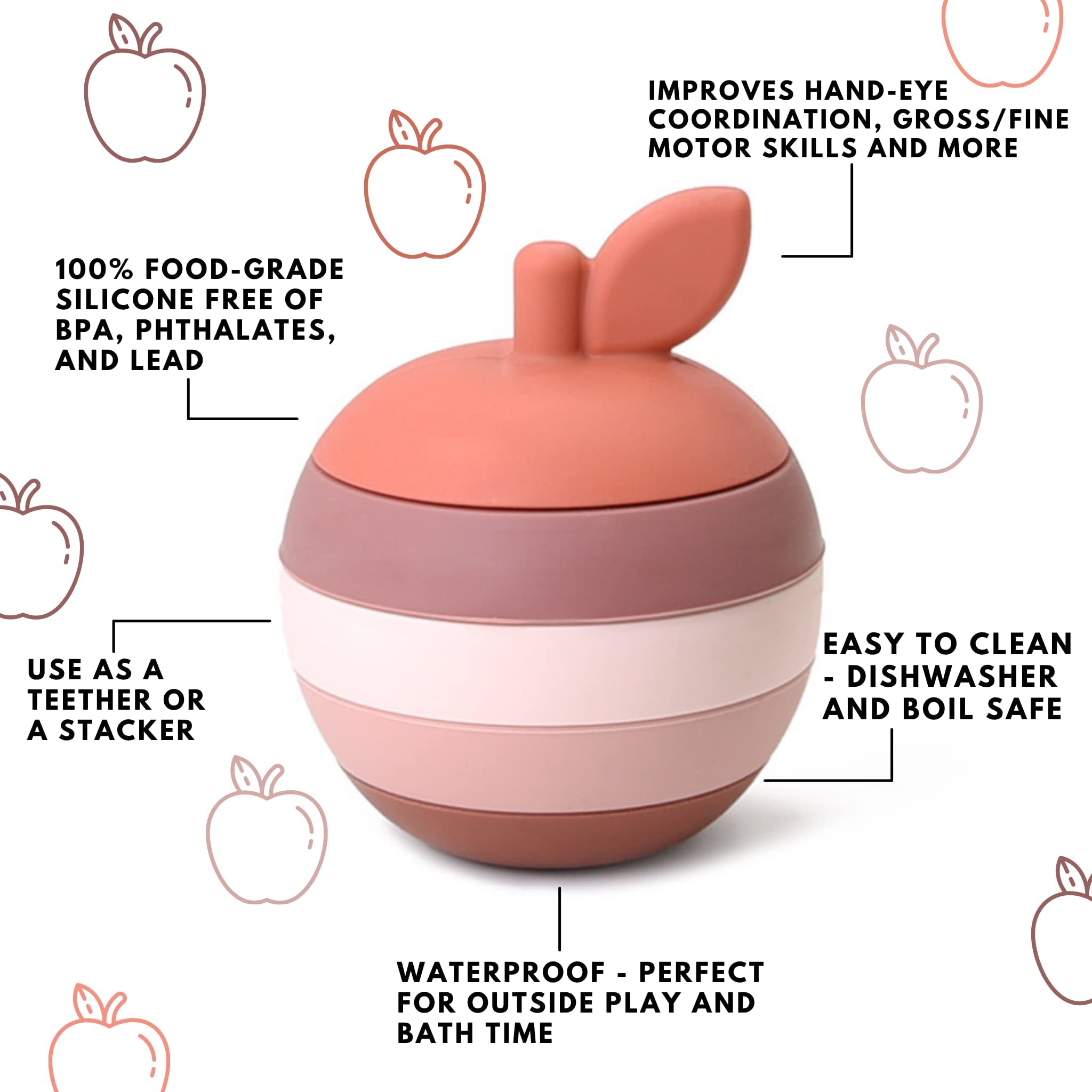 Rosie Bee Silicone Apple Stacker Toy for Kids, Toddlers, Babies - Baby Teether Toys, Stacking, Nesting, Sorting, Puzzle, Blocks, Travel, Bath, Sensory, Gift, Educational, Montessori