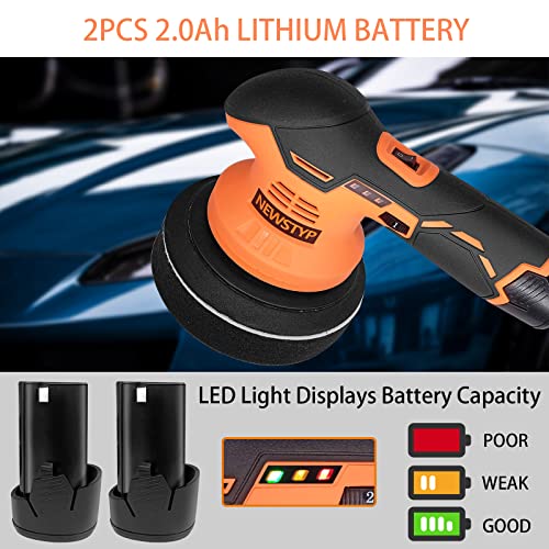 NEWSTYP 6 Inch Cordless Car Buffer Polisher with 2Pcs 12V 2.0Ah Rechargeable Battery, 6 Variable Speed, 5000RPM, Wireless Buffer Polisher Kit for Waxing/Car Detailing/Car Scratch Repairing/Sander