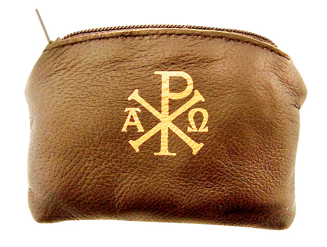 WJ Hirten Ava Maria and Chi Rho Cross Sheepskin Leather Rosary Case with Velvet Lining, Brown, 3 1/4 Inch