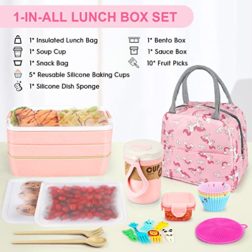 jijoe 27 PCs Bento Box Lunch Box Kit, Stackable 3-in-1 Compartment Japanese Lunch Box Set w/Soup Cup Sauce Can, Spoon Fork, Cake Cups, Fruit Picks, Snack Bags, Leakproof Lunch Containers