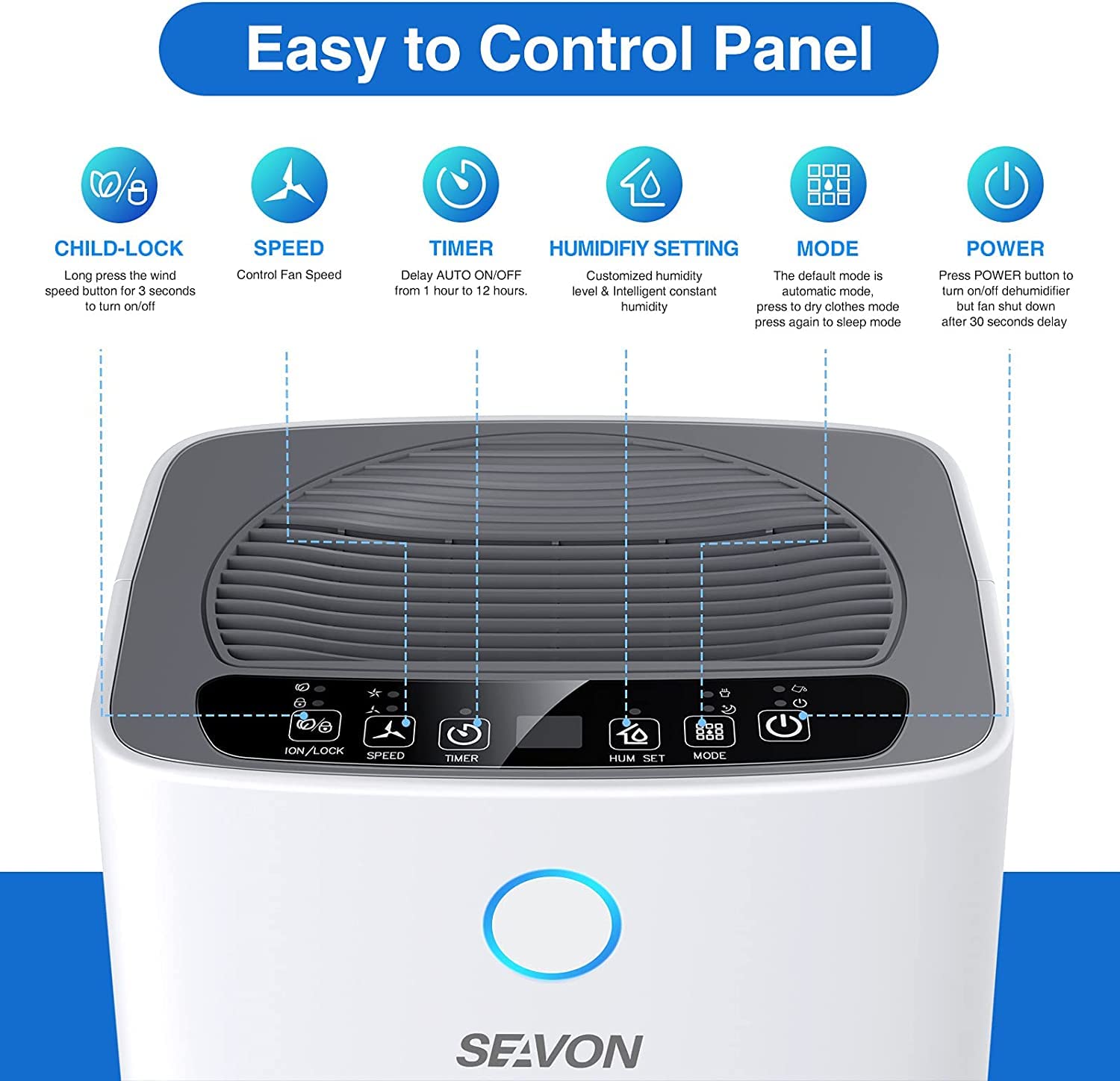 SEAVON 2,000 Sq. Ft Dehumidifiers with Pump for Home and Basements, with 2L Water Tank, Ideal for Bedroom, Bathroom, Intelligent Humidity Control, Continuous Drainage for Living Room/Closet