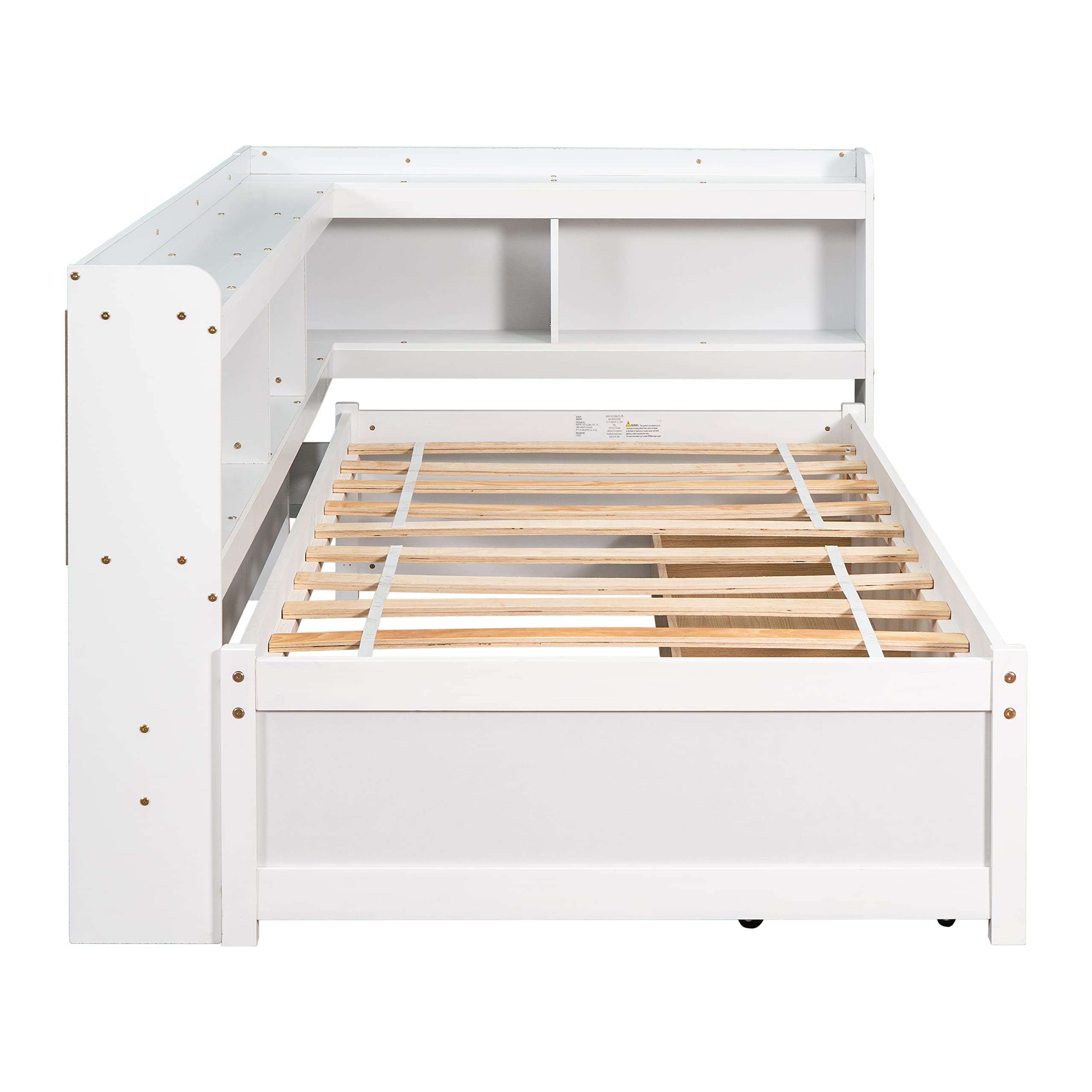 DNChuan L-Shaped Twin Size Daybed with Bookcase Headboard,Captains Corner Bed with Storage Drawers,Wooden Slat Support No Box Spring Needed,White