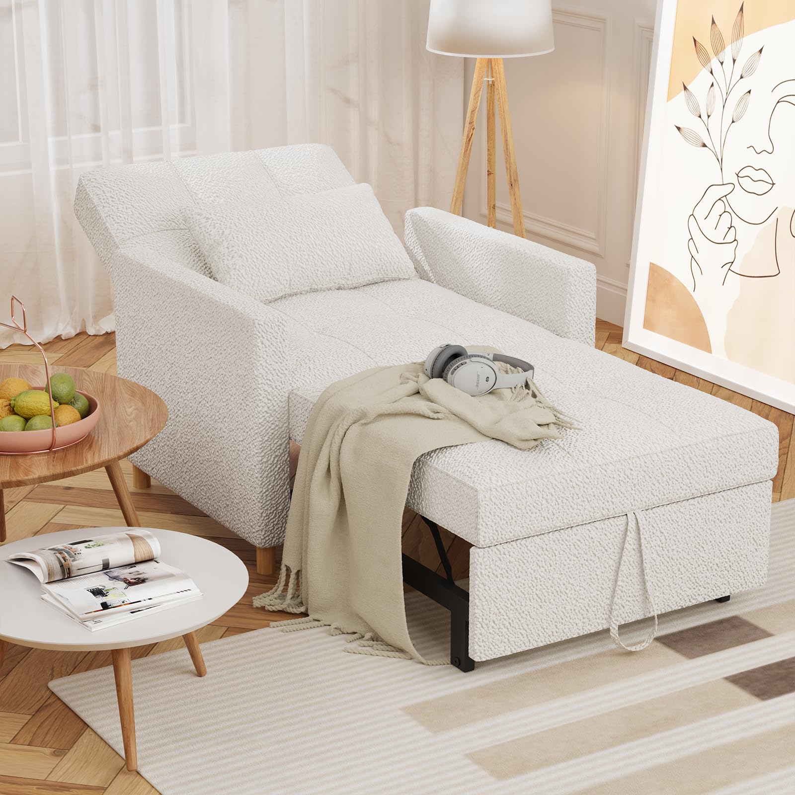Esright Sleeper Chair, 3-in-1 Convertible Chair Bed with Adjustable Backrest, Side Pocket and Pillow, Pull Out Sofa Bed Couch for Small Space, Apartment, RV (Teddy Wihte)