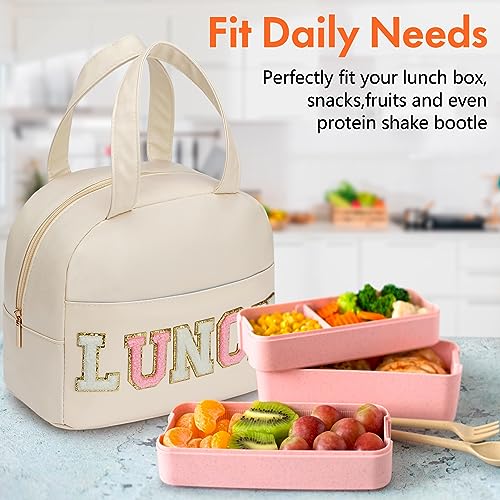 DIRGEE Lunch Bag for Women Insulated Lunch Bag For Men PU leather Small Lunch Bag for Office Work lunch Bag with Chenille Letters Leakproof Freezable Cooler Bag Reusable Portable Lunch Box (White)