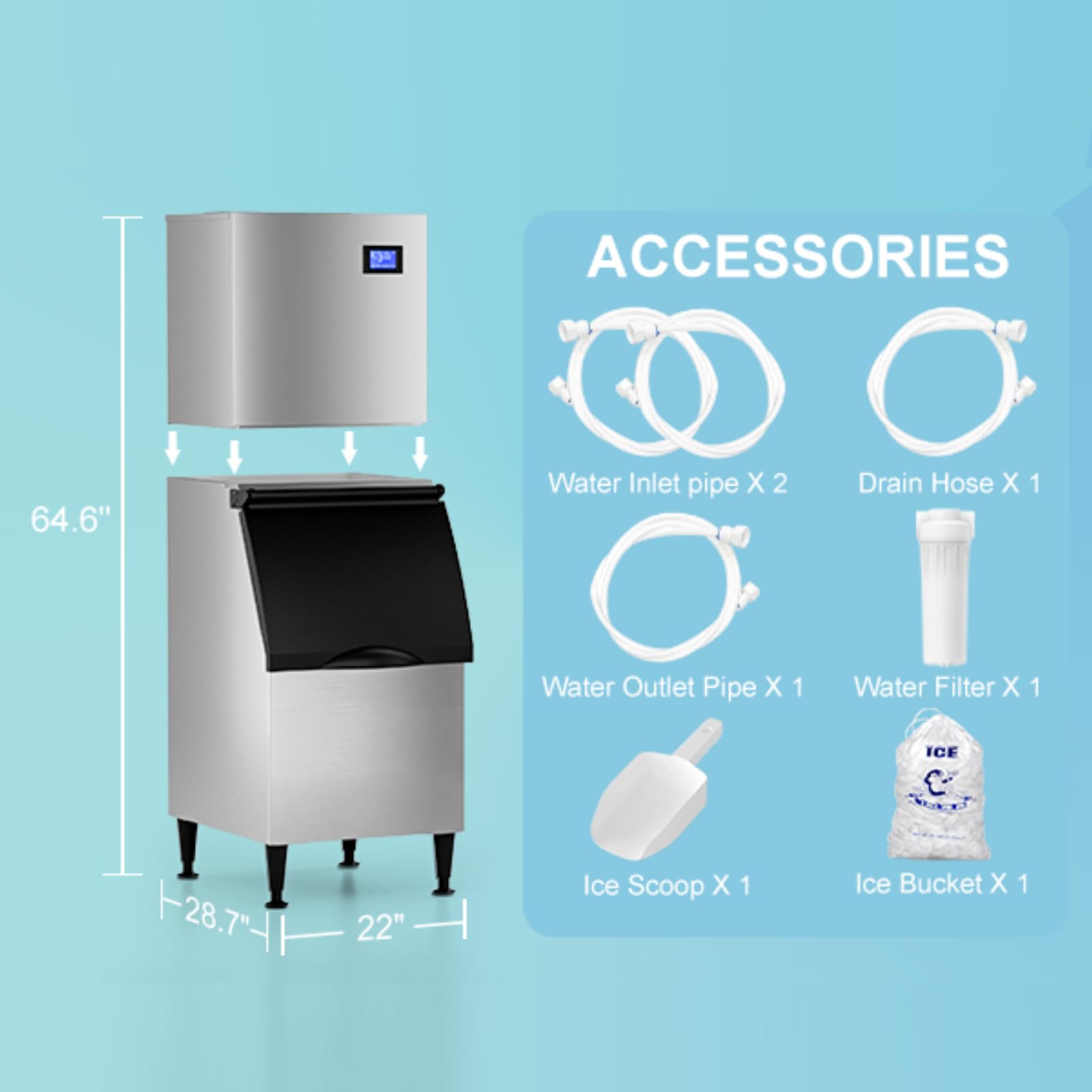 Commercial 500Lbs/24H Ice Maker Machine,Ice Ready in 5-15 min, 350Lbs Large Storage,800W Stainless Steel Nugget Ice Machine with Filters,Water Line Hook Up,Ice Thicknesses Adjustable