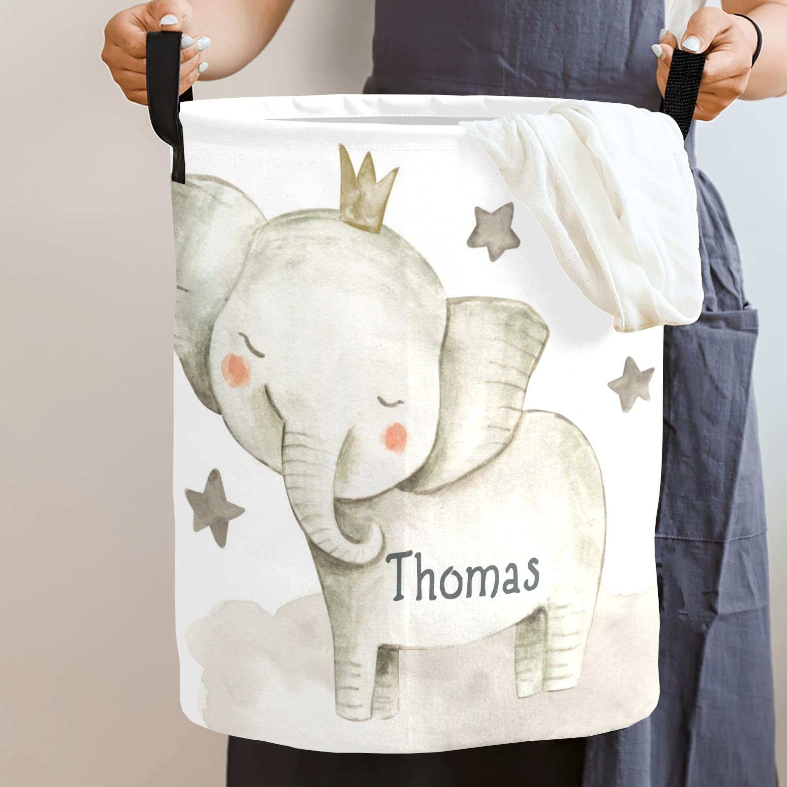Cute Prince Elephant Personalized Laundry Hamper,Custom Name Collapsible Waterproof Laundry Basket Storage Bins with Handle for Clothes,Toy,Nursery