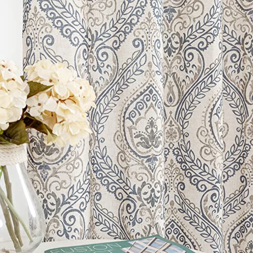 jinchan Damask Linen Curtains 84 Inch Length 2 Panels Set Medallion Pattern Decor Drapes for Bedroom Living Room Vintage Printed Window Treatments Light Filtering Grommet Blue