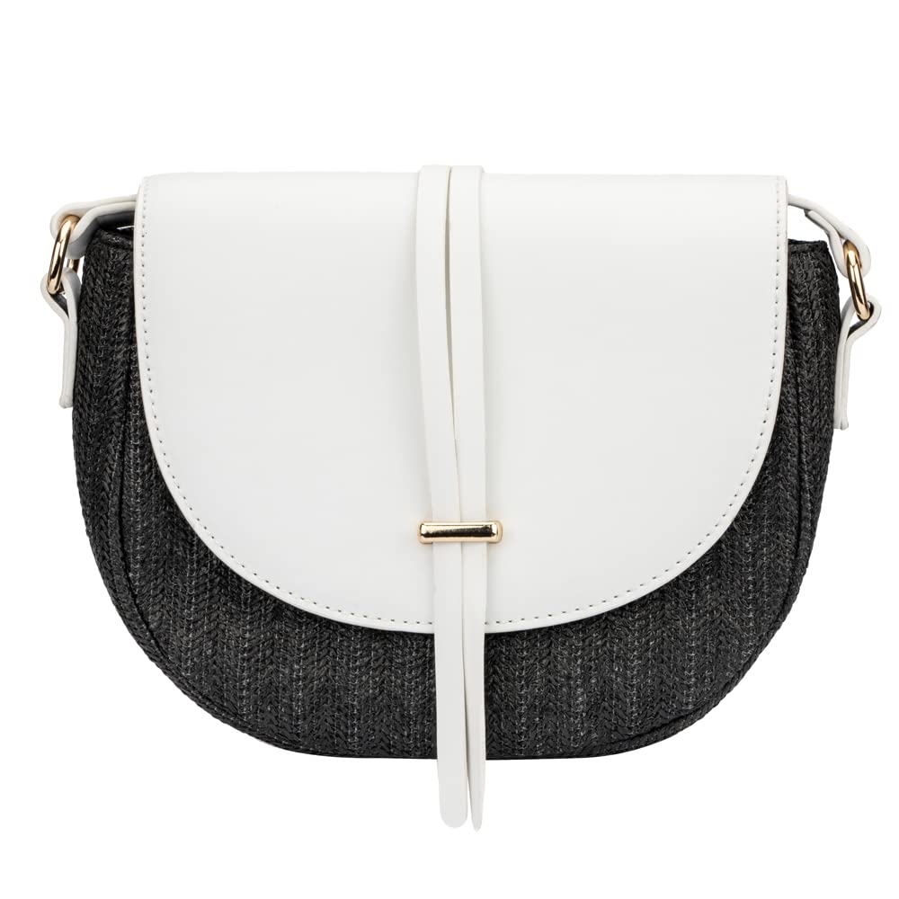 Olivia Miller Women's Fashion Rowan Natural Straw w PU Vegan Leather Front Flap, Black White Small Crossbody Bag w Adjustable Strap, Evening Everyday Casual Work Purse Handbag