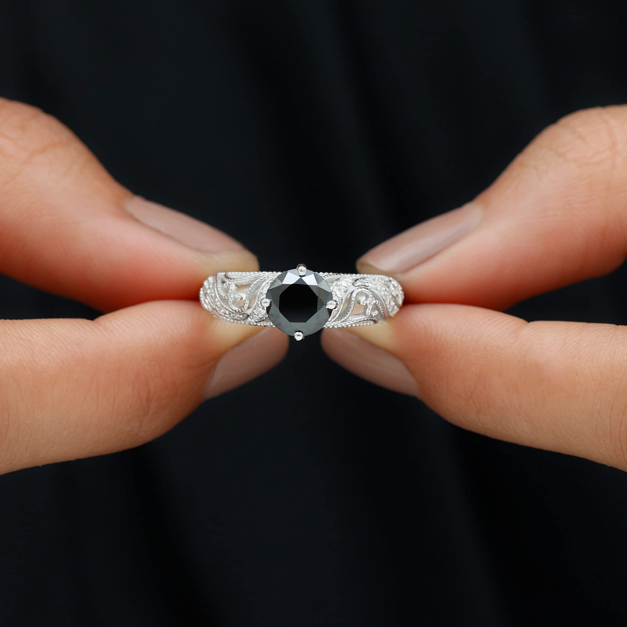 Black Onyx Solitaire Vintage Inspired Engagement Ring with Diamond | 1.50 Cttw | AAA Quality, 14K White Gold, Size:US 7.00