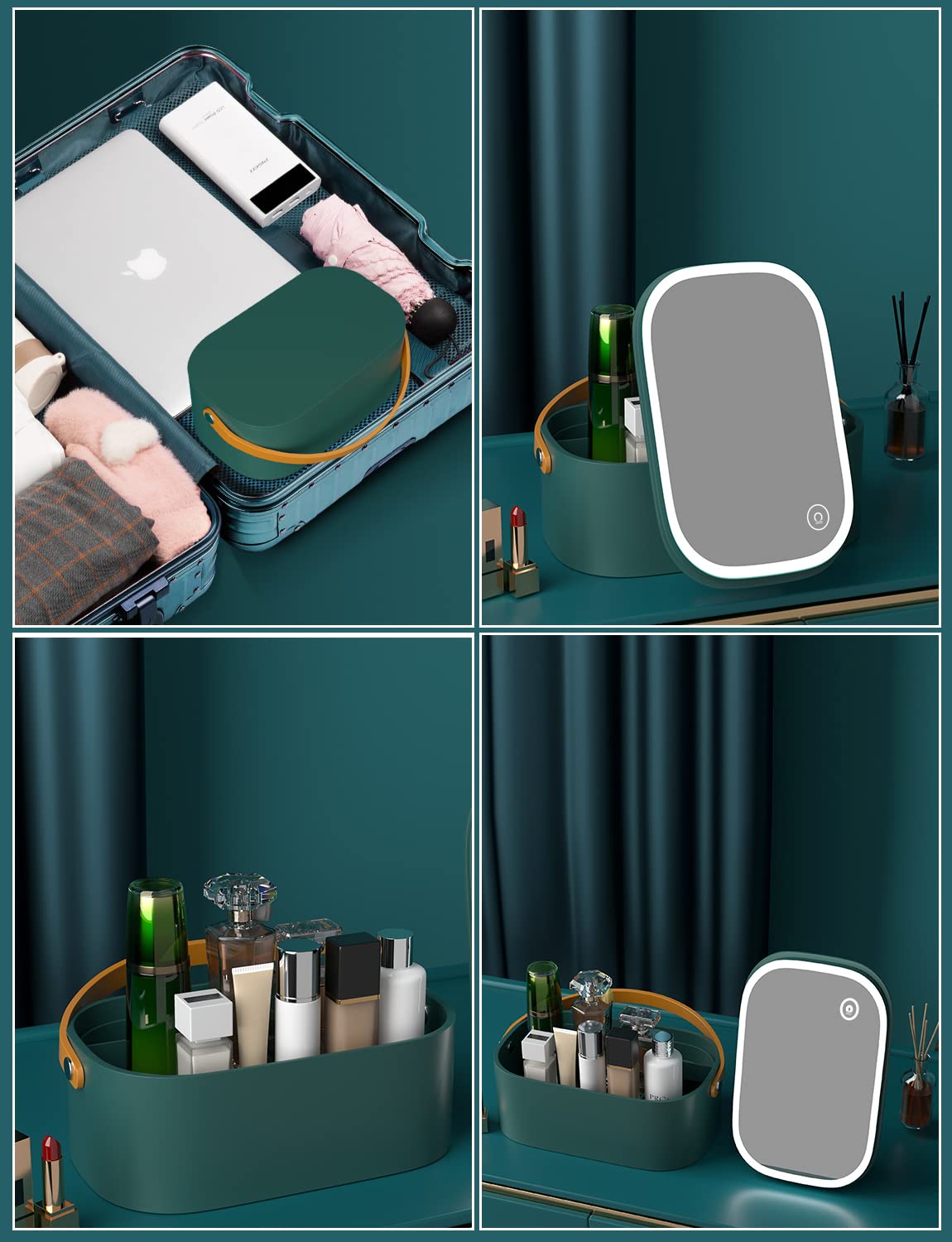 CielClair Makeup Case with Mirror and Light, Portable Makeup Organizer with Adjustable LED Lights & Mirror Lid, Cosmetic Organizer Storage with Handle for Bedroom Camping Travel, Dark Green