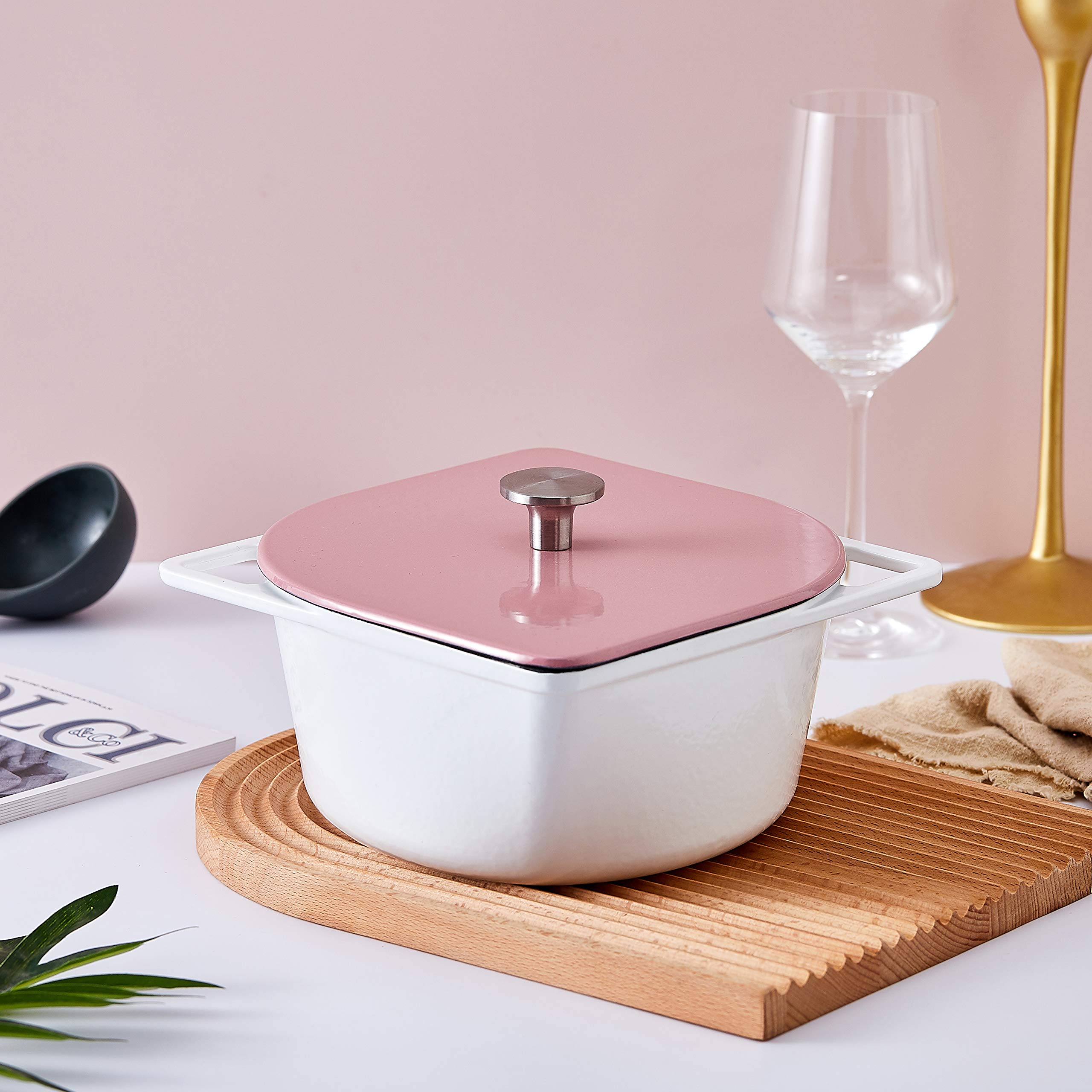 Bruntmor 3 Quart Cast Iron Enameled Dutch Oven - Modern Squoval Design - Nonstick Seasoned Pot with Stainless Steel Knob - Ideal for Christmas/Thanksgiving Dinner - White with Pink Lid