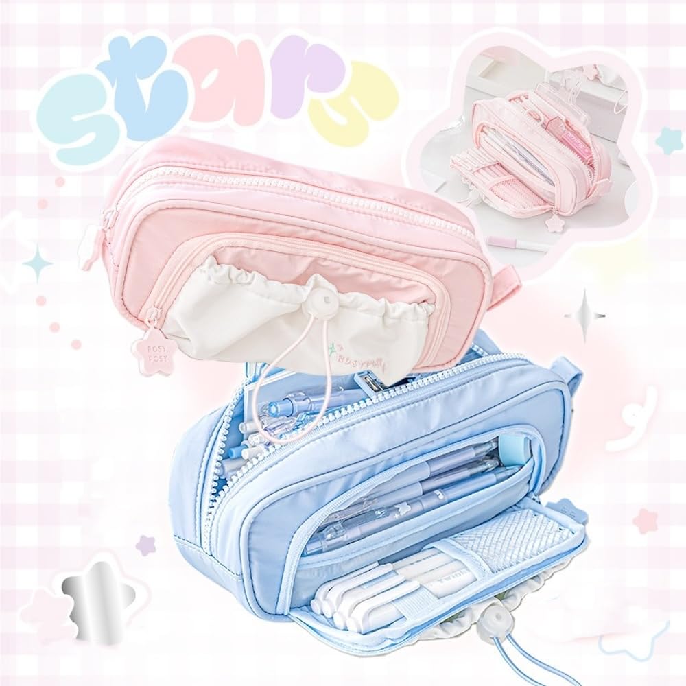 Cute Star Pencil Box Large Capacity Kawaii Drawstring Aesthetic Estuche Para Lapices (At seaside (Blue))