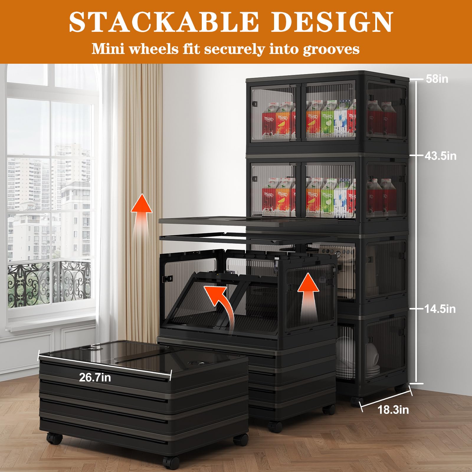 Fangtueh 90GAL Storage Bins with Lids, Stackable Storage Bins with Wheels, Collapsible Storage Bins with Doors, Large Plastic Storage Bins with Lid, Folding Storage Cabinet Container for Closet, Black