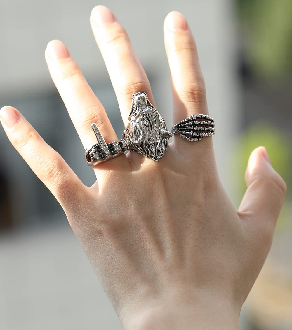 Black Rings for Men Women Girls, Goth Punk Rings Set, Cool Gothic Adjustable Ring Pack, Vintage Stackable Animal Rings Bulk, Vintage Chunky Knuckle Emo Rings, Boho Snake Spider Eboy Open Rings Y2K Accessories (Chunky big guth rings-20 pcs)