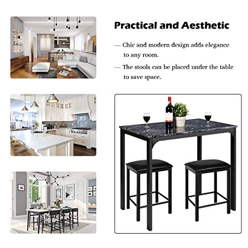 Giantex 3 Pcs Dining Table and Chairs Set with Faux Marble Tabletop 2 Chairs Contemporary Dining Table Set for Home or Hotel Dining Room, Kitchen or Bar (Black)