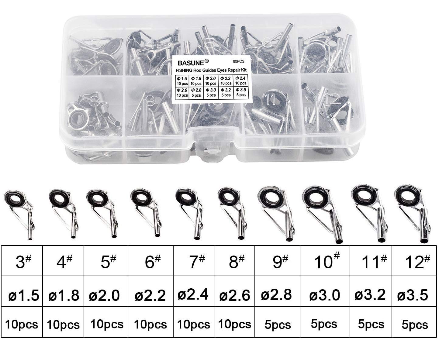 BASUNE Spinning Rod Guides Tip Ceramic Guide with Eyelets, Fishing Rod Guide Replacement Tip Spare Parts Repair and Tips Repair Eye Loop Kit with Box for Spinning Rods Sea Fishing (10 Size - 80Pcs)