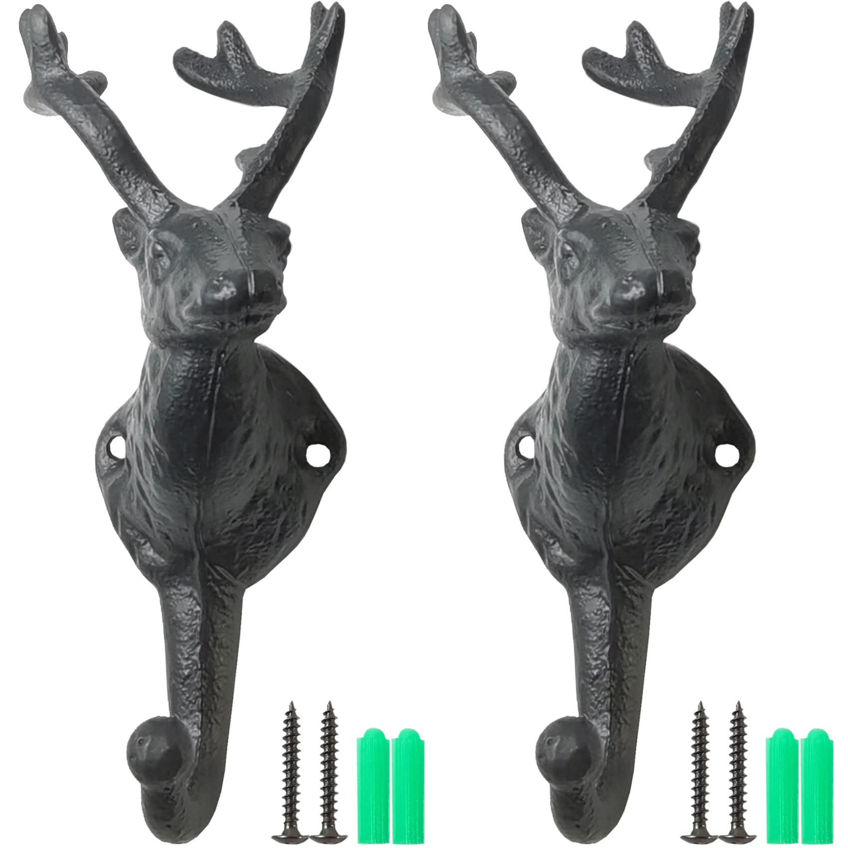 NSBELL 2PCS Rustic Heavy Duty Cast Iron Deer Head Hook Wall Antler Key Holder Hanging Towel Key Coat Rack Durable Iron Hanger Living Room Bathroom Room Kitchen Wall Decoration