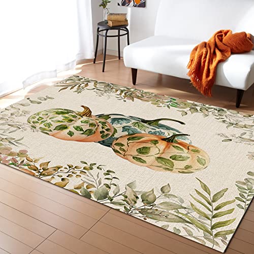 OComster Thanksgiving Rectangle Shape Large Area Rugs - 2 x 3 Feet Leaf Paint Pumpkin Eucalyptus Leaves Burlap Fall - (Non-Woven + Rubber) Low File Floor Mat