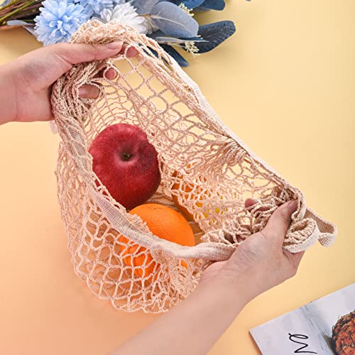 Eslazoer [2 pack] completely Cotton string storage shopping bags, Ecology Reusable and washable mesh grocery bag, Portable short handle net tote beige