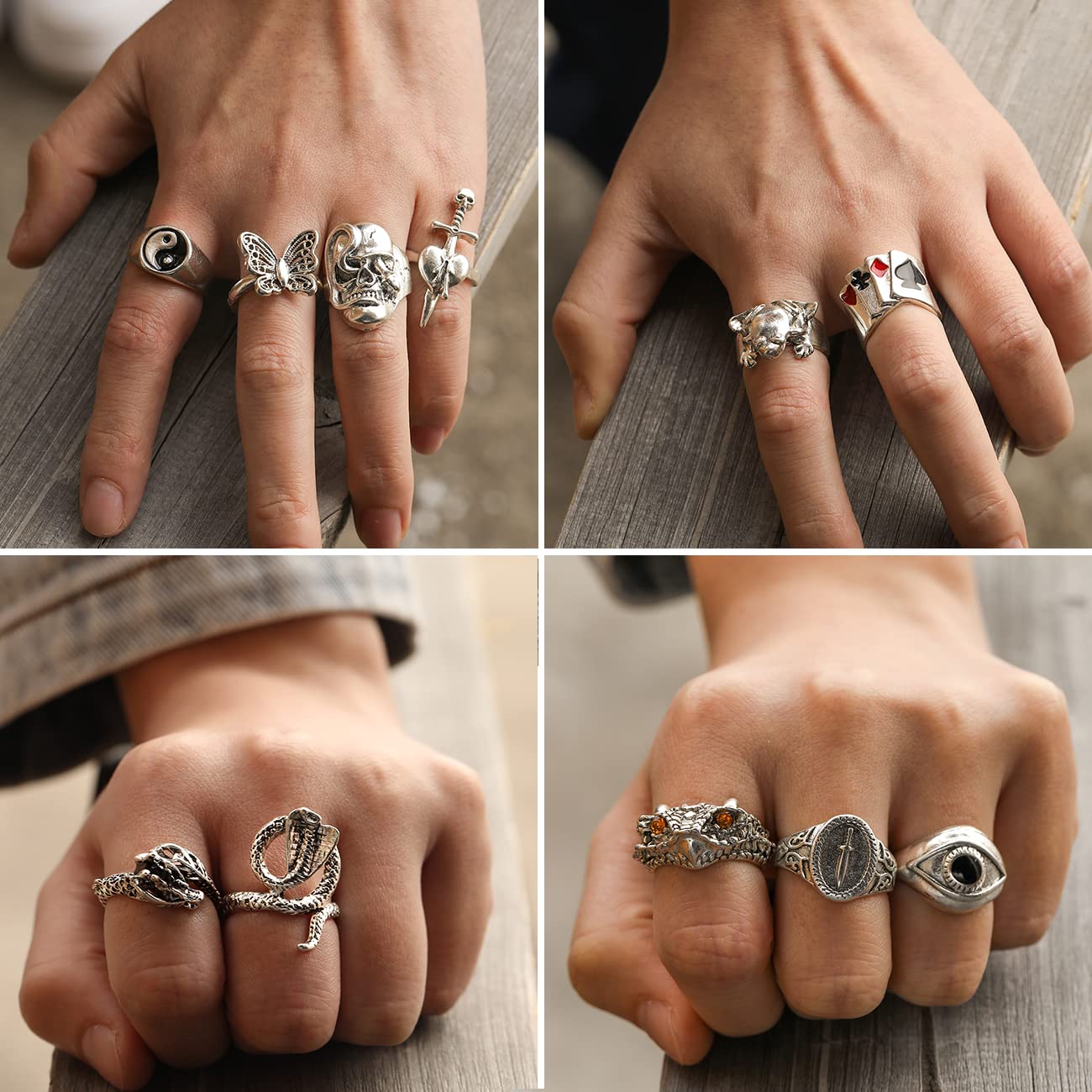 Black Rings for Men Women Girls, Goth Punk Rings Set, Cool Gothic Adjustable Ring Pack, Vintage Stackable Animal Rings Bulk, Vintage Chunky Knuckle Emo Rings, Boho Snake Spider Eboy Open Rings Y2K Accessories (Big silver punk rings-24 pcs)