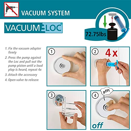WENKO Wall Hooks with Loc-Vacuum Technology, for Hanging, Storage, for Shower, for Kitchen, No Drilling, No Holes, No Screws, Without Nails, 9.29" x 1.57" x 3.74", Chrome