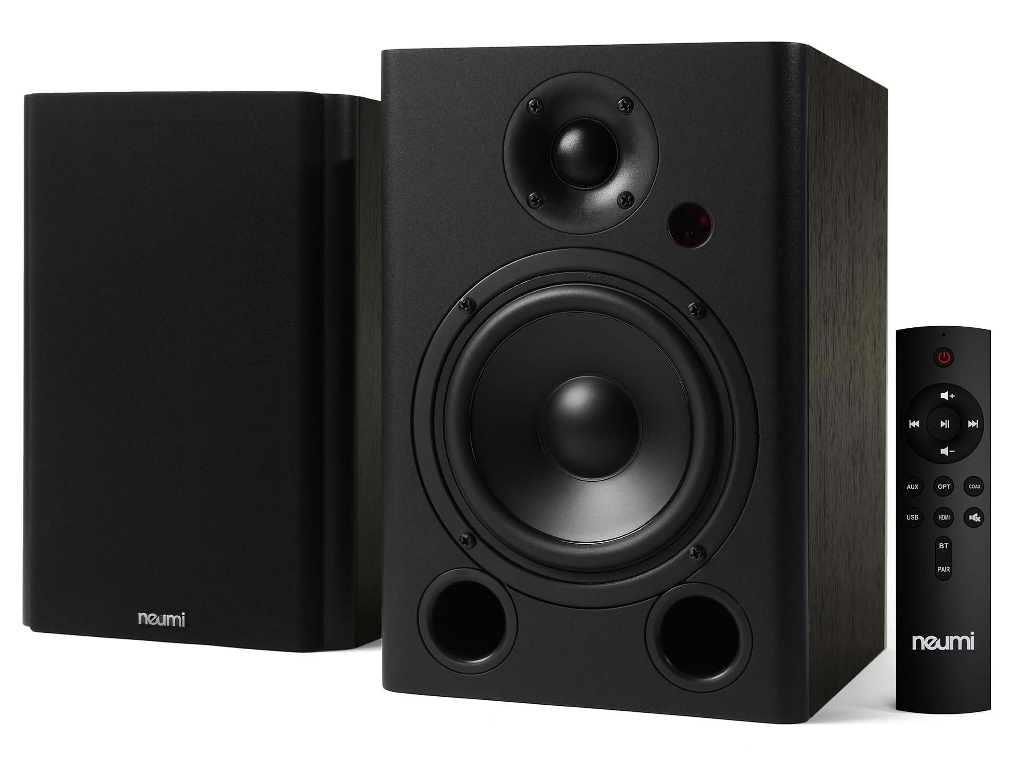 NEUMI BS5P-ARC 75-Watt Powered Bookshelf Speakers, Bluetooth, HDMI, USB, Optical, Coaxial, Remote Control, 5-Inch Woofer, 1-Inch Tweeter, Dark Wood, 1 Pair