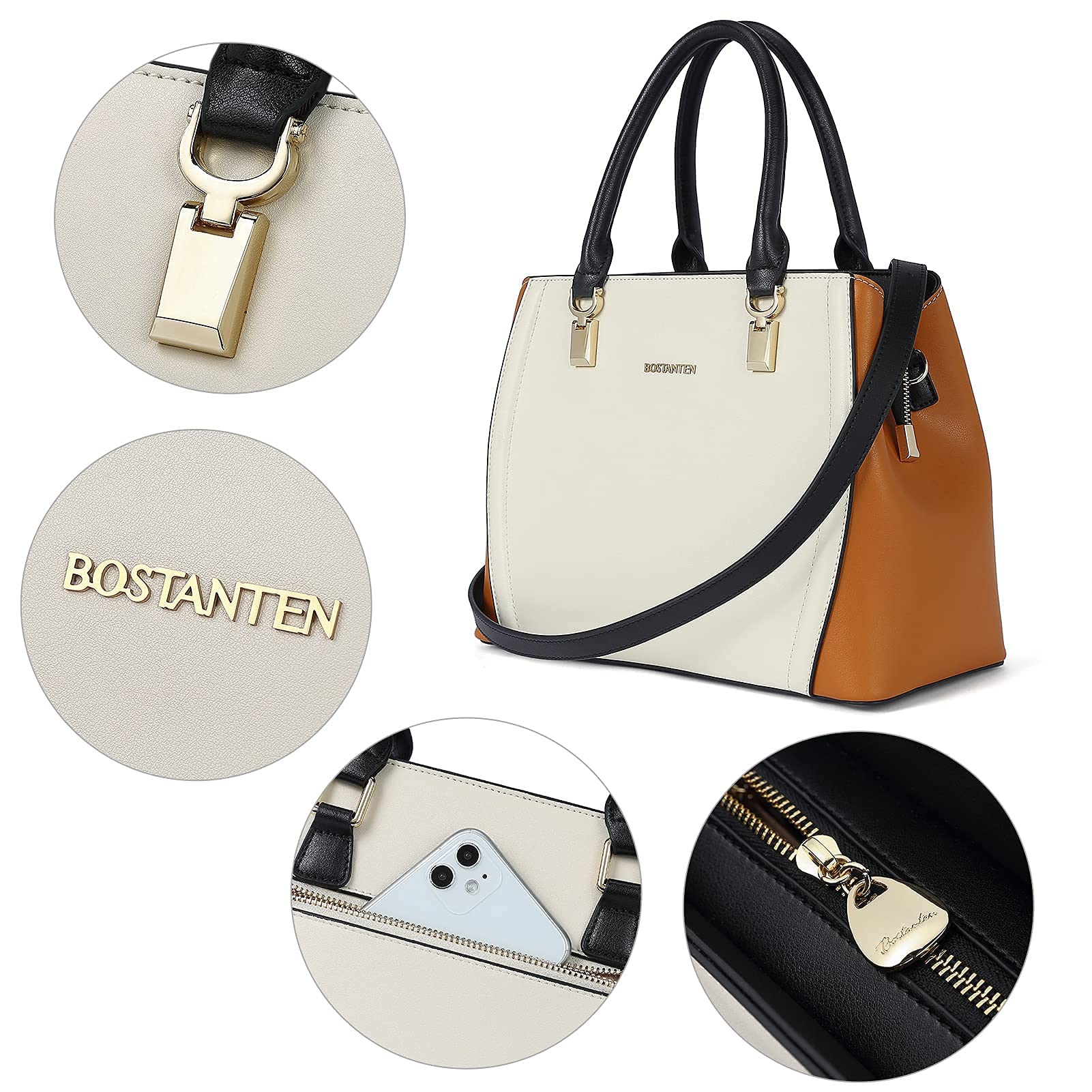 BOSTANTEN Women Leather Handbag Designer Top Handle Satchel Shoulder Bag Crossbody Purses and Womens Leather Wallets RFID Blocking Large Capacity Credit Cards Holder Phone Clutch Apricot