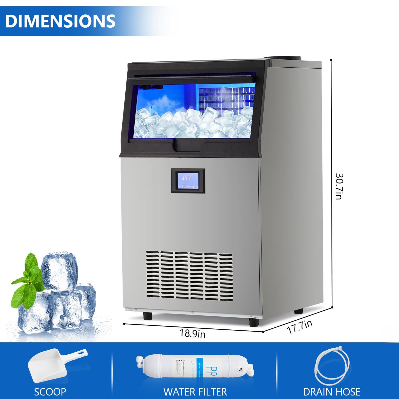 Commercial Ice Maker, 100lbs/24H, Ice Maker Machine, 50 Ice Cubes in 8-15 Minutes, Freestanding Cabinet Ice Maker with 33lbs Storage Capacity for Bar Home Office Restaurant, 2 Water Inlet Modes