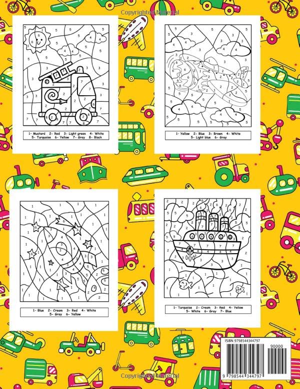 VEHICLES Colour by Number: Coloring Book for Kids Ages 4-8: Cars, Trucks, Planes and more