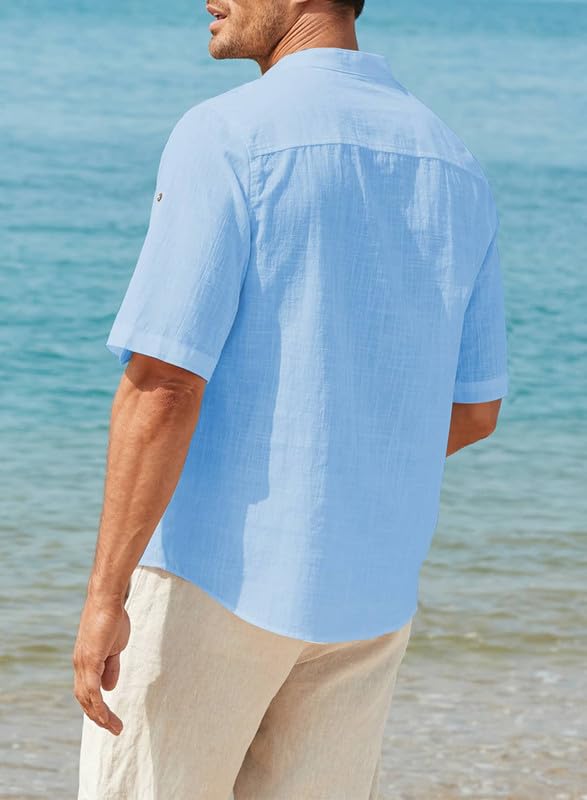 JMIERR Mens Casual Cotton Linen Texture Henley Shirt Short Sleeve Button Down Shirt Summer Beach Tropical Cruise Shirts US 40(M) Sky Blue