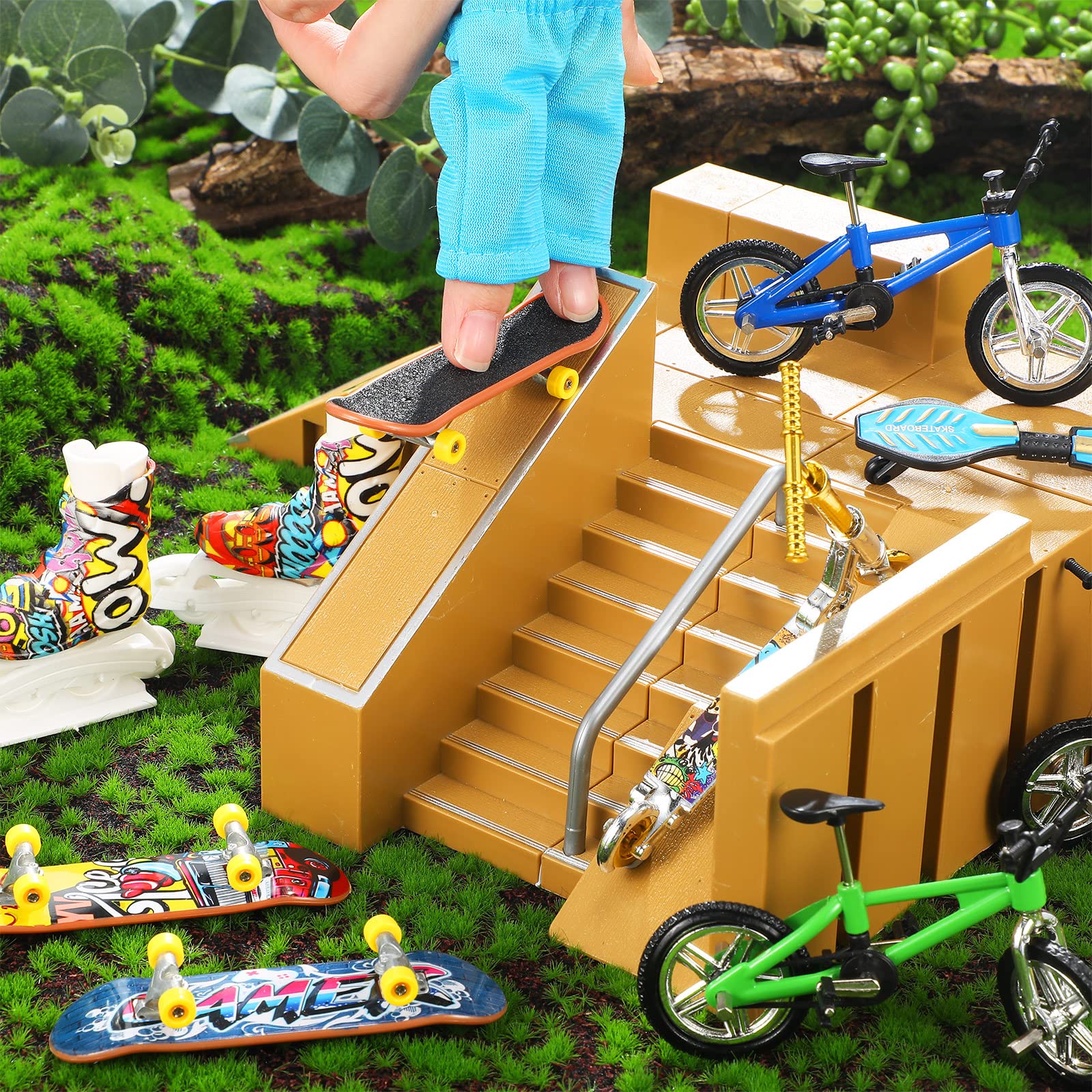 Cindeer 33 Pieces Mini Finger Toys Set Finger Skateboards Bikes Tiny Swing Board Scooters Finger Roller Skating Finger Pants and Matched Wheels Tools Accessories Educational Toys for Party Favors