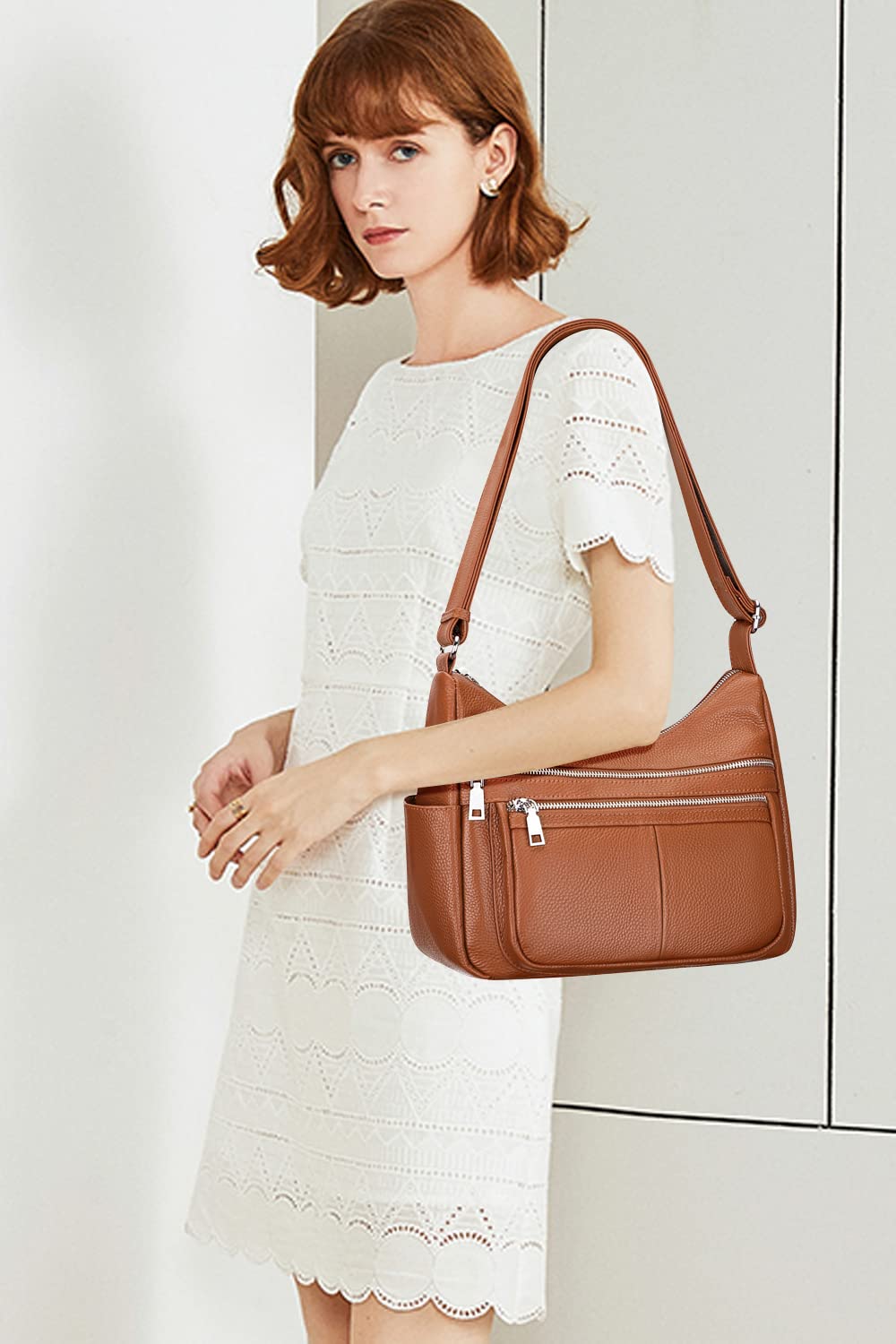 Over Earth Genuine Leather Purses and Handbags for Women Soft Leather Crossbody Bag Ladies Message Bag with Multi Pockets(O154E Brown)