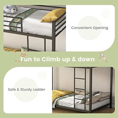 Giantex Metal Bunk Bed Twin Over Twin, Low Profile Bunk Bed Frame with Ladder & Full Length Guardrail, Space-Saving Twin Size Bed Frame for Kids Teens, No Box Spring Needed, Black