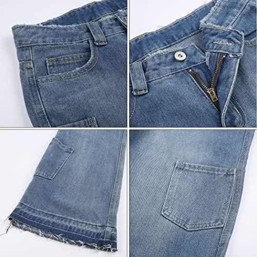 ETATNG Womens Star Print High Waist Baggy Cargo Jeans with Slant Pocket Vintage Y2K Straight Leg Distressed Denim Blue L