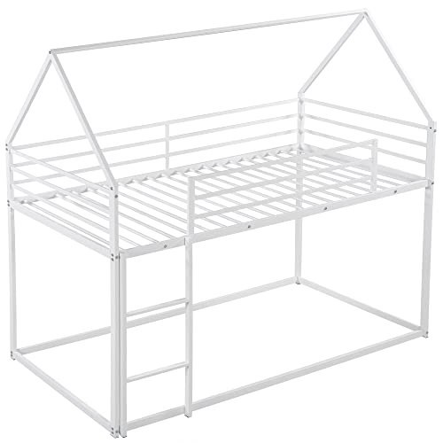Harper & Bright Designs Twin Over Twin House Bunk Bed with Built-in Ladder, Metal Low Bunk Bed for Kids Girls Boys - White