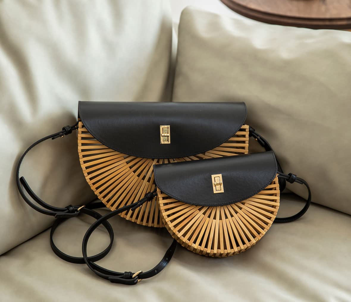 RULER TRUTH Handwoven Bamboo Bag Summer Straw Purse Crossbody Bags for Women Natural Bamboo Bag with Leather Strap, Women's Handmade Beach Purse Wicker Beach Bag Basket Purse Adjustable Strap