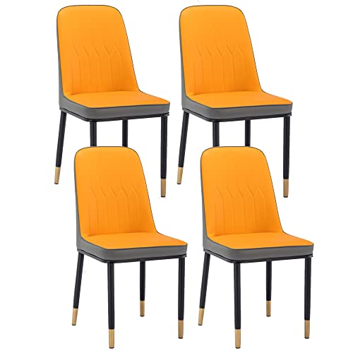 Dining Chairs Set of 4, PU Upholstered Kitchen Side Chair with Waterproof Surface and Metal Legs for Dining Room, Bedroom, Kitchen, Restaurant, Living Room, Bicolor Design (Orange-Grey)