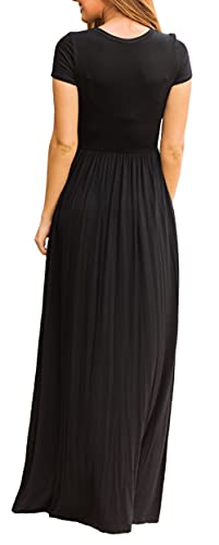 GRECERELLE Women's Short Sleeve Loose Plain Maxi Dresses Casual Long Dresses with Pockets Black Medium
