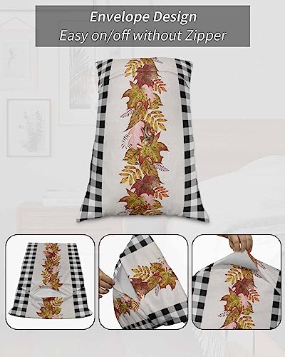 Edwiinsa Thanksgiving Pillow Covers Standard Size Set of 2 Bed Pillow, Farmhouse Fall Maple Leaf Black White Plaid Plush Soft Comfort for Hair/Skin Cooling Pillowcases with Envelop Closure 20''x26''