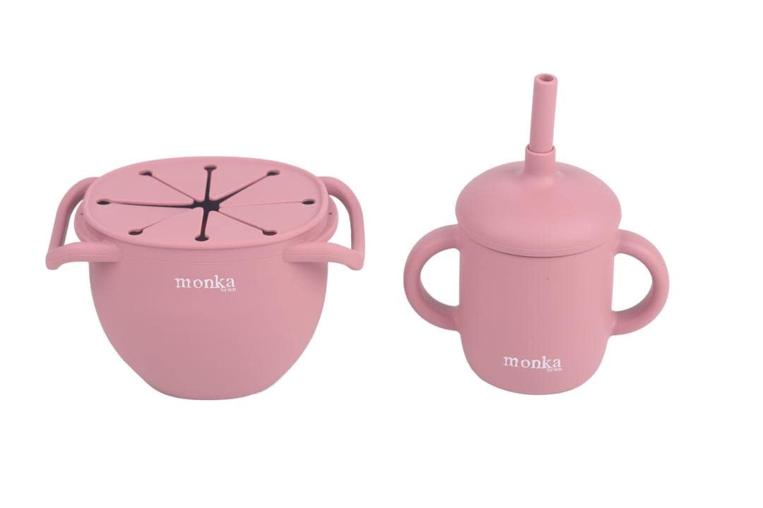 BPA Free Silicone Cups Set of Two - Food Catcher - Sippy Cup - Non Toxic Material - Silicone Straw - Foldable Snack Cup -for Babies and Toddlers - by MONKA (pink)