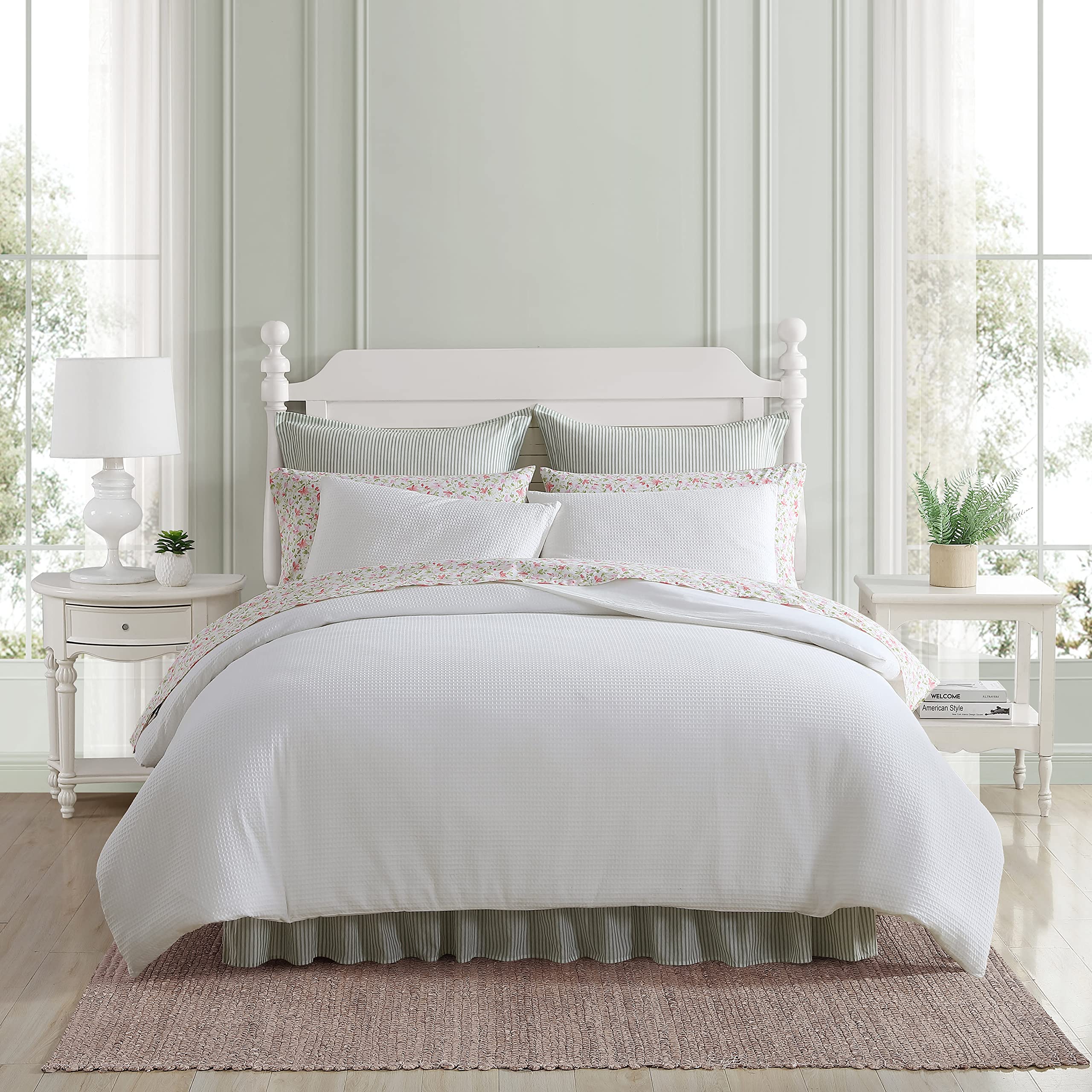 Laura Ashley- Queen Duvet Cover Set, Reversible Cotton Bedding Set with Matching Shams, Farmhouse Home Décor (Waffle Pique White, Queen)