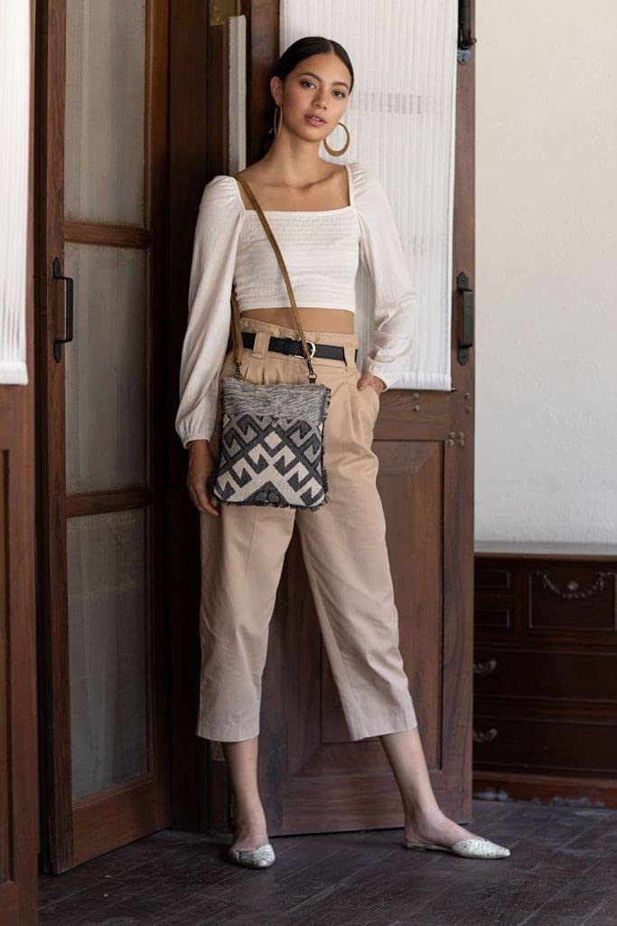 Myra Bag Crisscross Fanrtasy Small & Crossbody Bag Upcycled Canvas, Leather, Cowhide & Rug S-2196